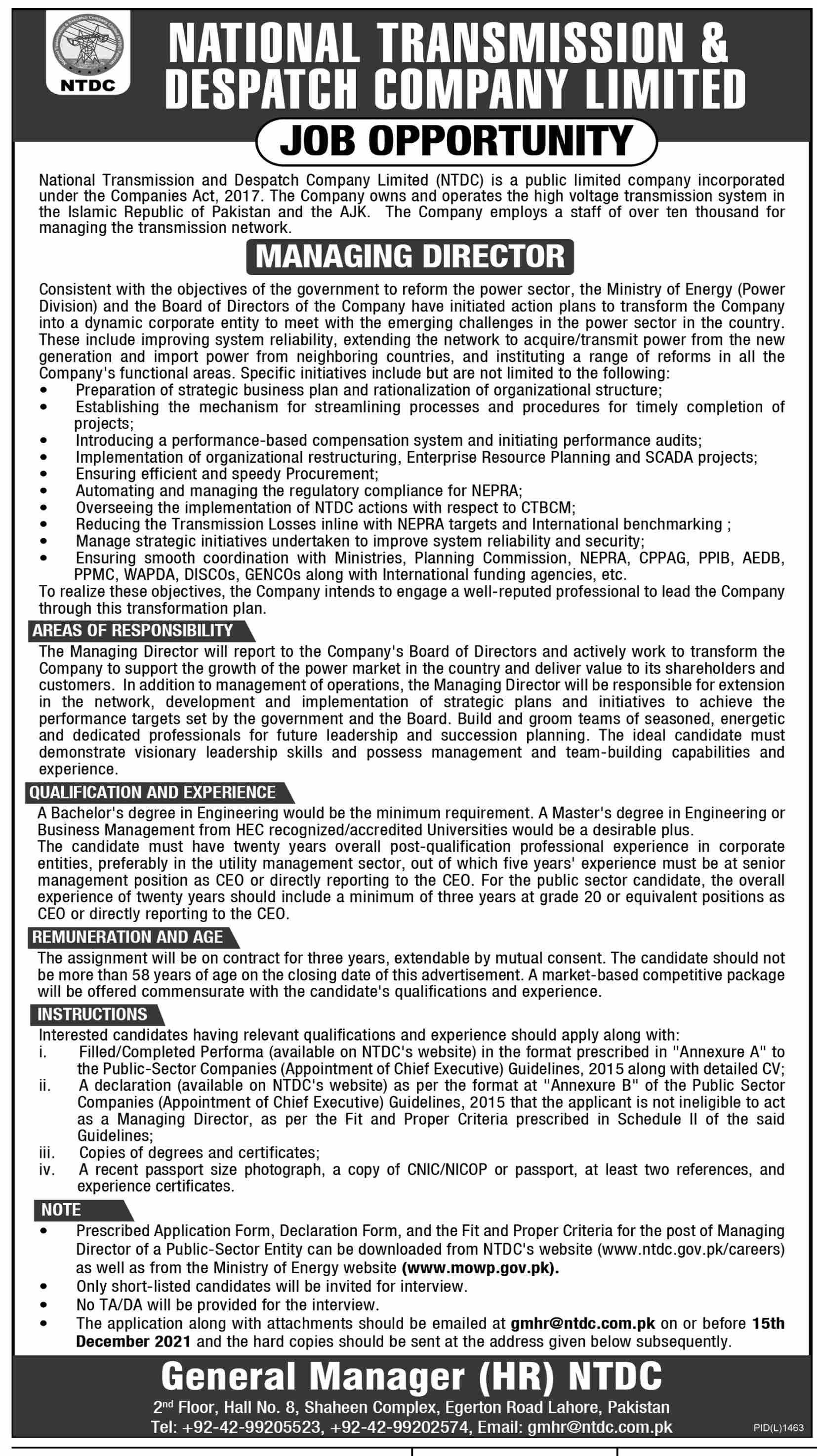 National Transmission & Despatch Company NTDC Jobs 2021 2025 Job Advertisement Pakistan