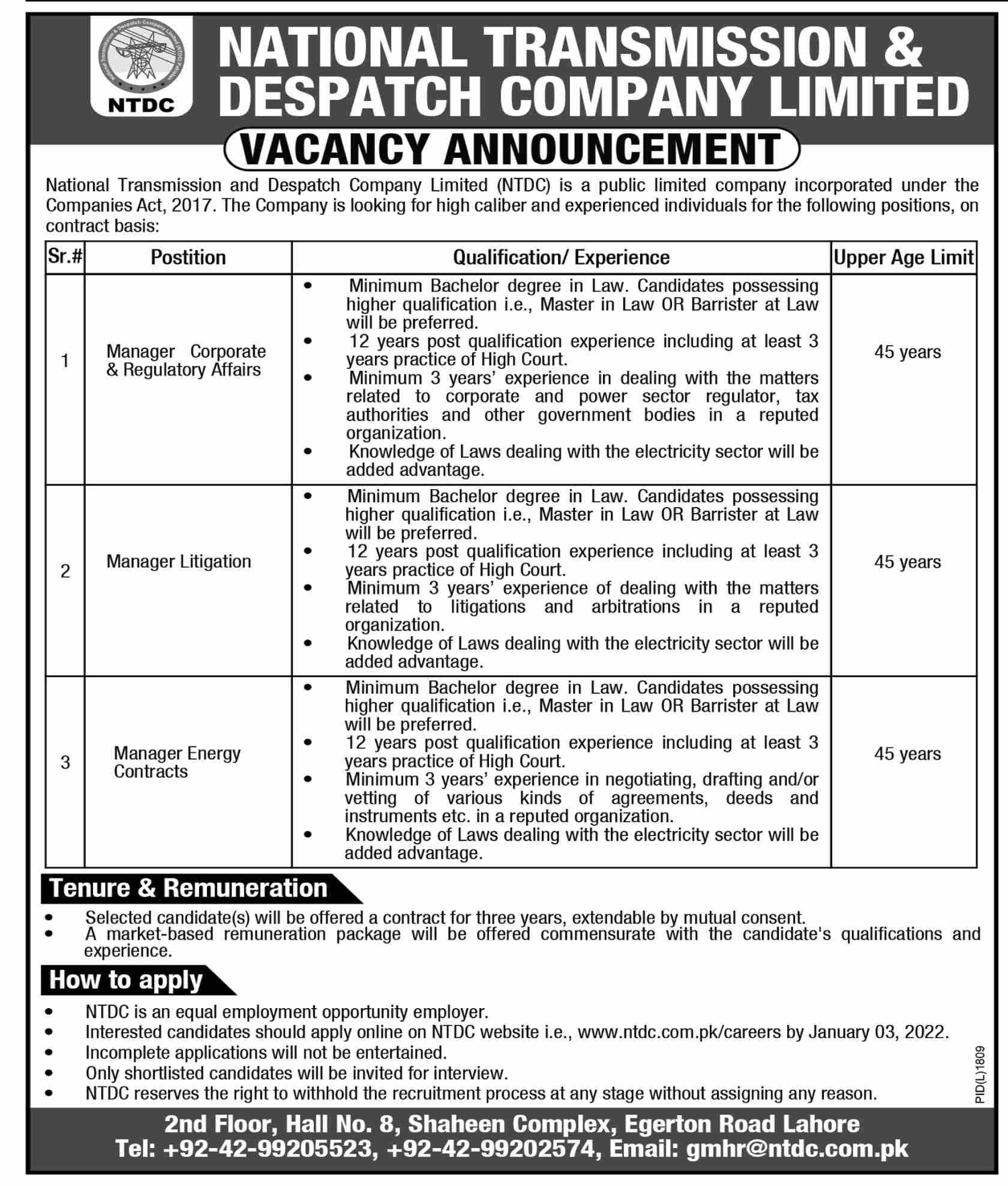 National Transmission & Despatch Company NTDC Lahore Jobs 2025 Job Advertisement Pakistan