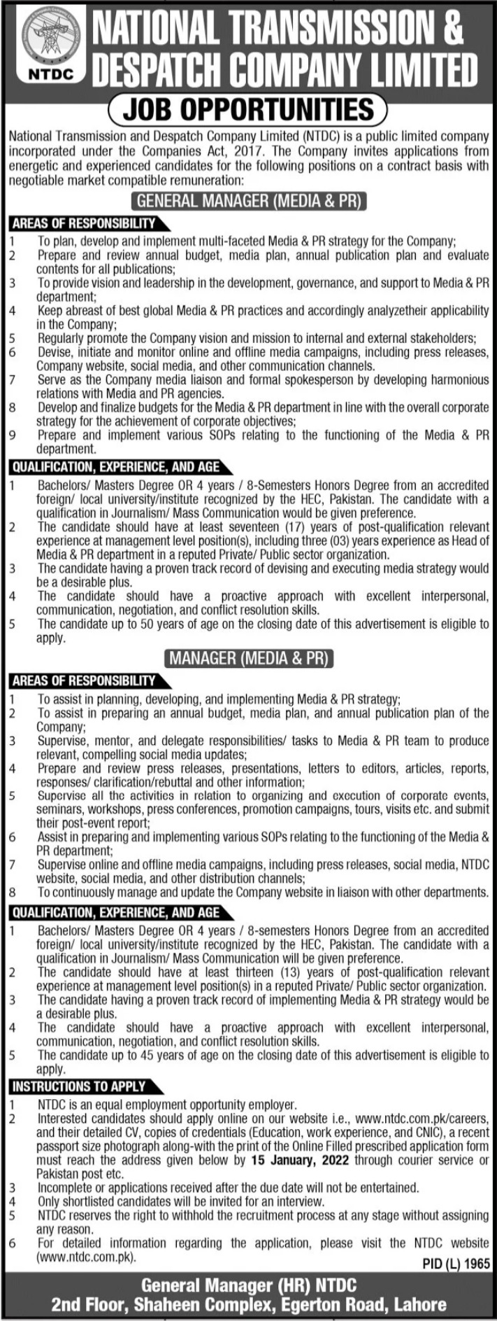 National Transmission & Despatch Company NTDC Jobs 2022 2025 Job Advertisement Pakistan