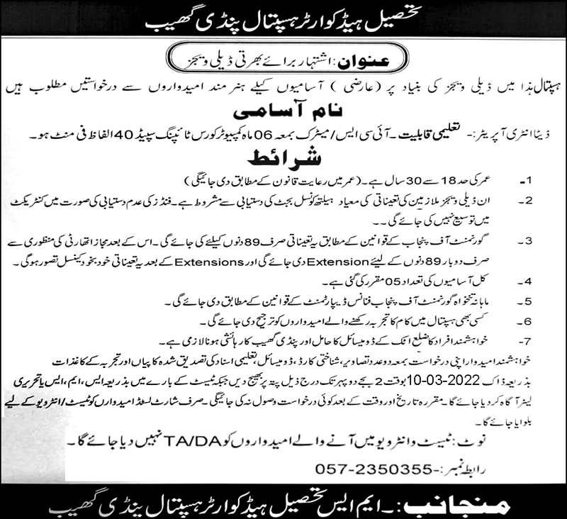 Job Vacancies at Tehsil Headquarter Hospital Pindi Gheb 2025 Job Advertisement Pakistan