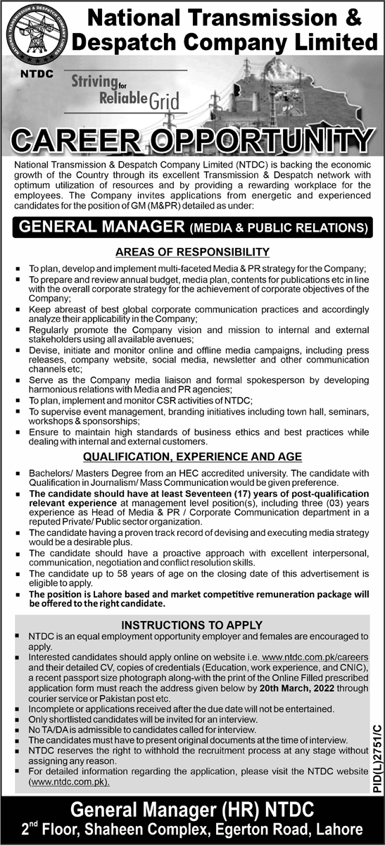 National Transmission and Despatch Company NTDC Jobs 2022 2025 Job Advertisement Pakistan