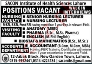SACON Institute of Health Sciences Lahore Jobs 2022 2025 Job Advertisement Pakistan