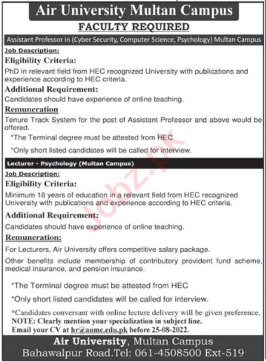 Air University Multan Campus Faculty Staff Jobs 2022 2024 Job ...