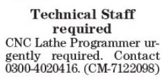 CNC Lathe Programmer Jobs Open in Lahore 2022 2025 Job Advertisement ...