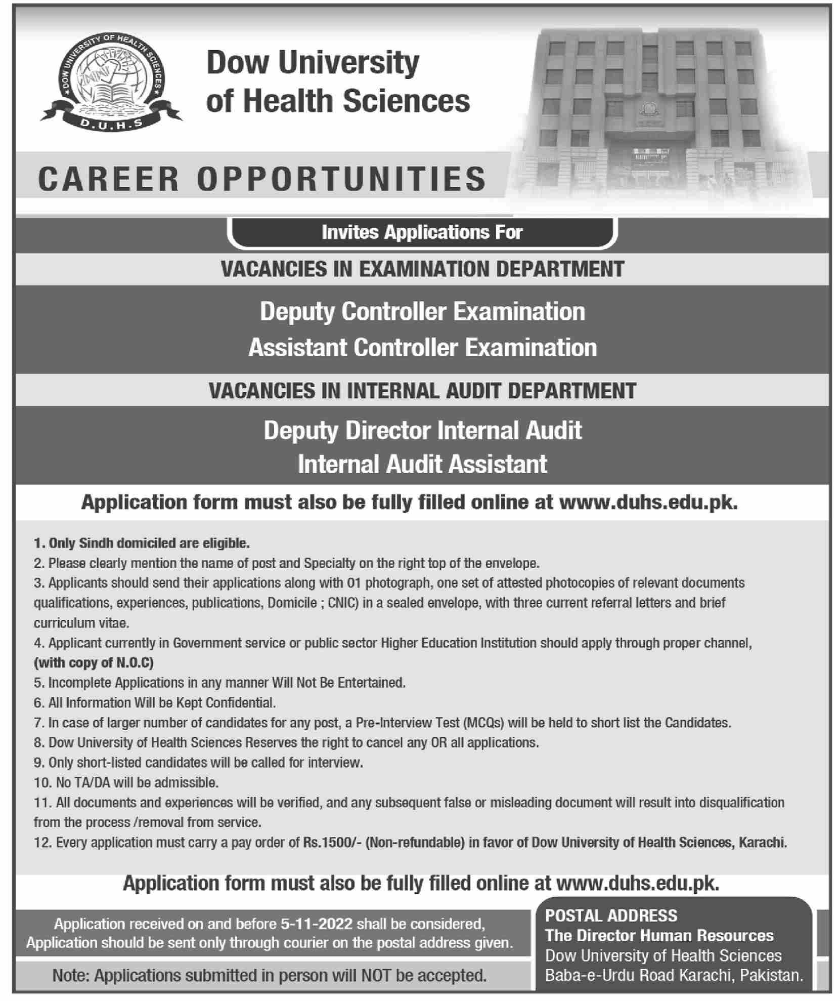 Dow University of Health Sciences DUHS Jobs 2022 2024 Job Advertisement Pakistan