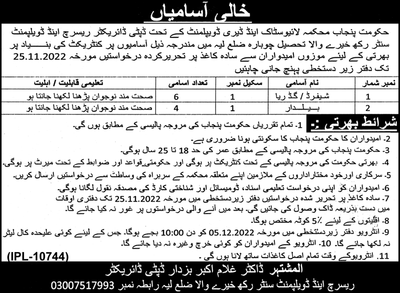 Job Open in Live Stock and Dairy Development Layyah 2023 Job Advertisement Pakistan