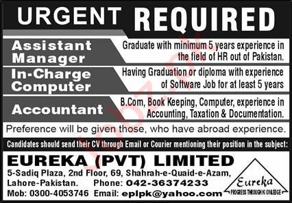 Eureka Pvt Limited Lahore Job 2022 2024 Job Advertisement Pakistan