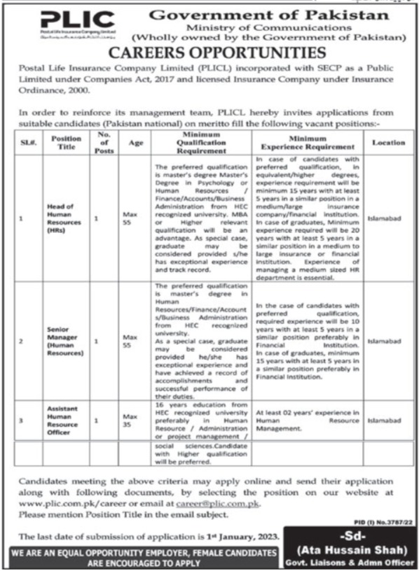 PLIC Ministry of Communications Jobs 2023 2025 Job Advertisement Pakistan