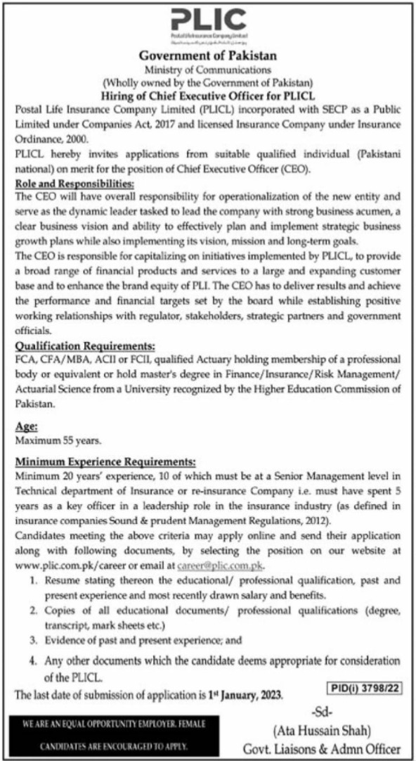 CEO Jobs in Postal Life Insurance Company PLIC 2025 Job Advertisement Pakistan