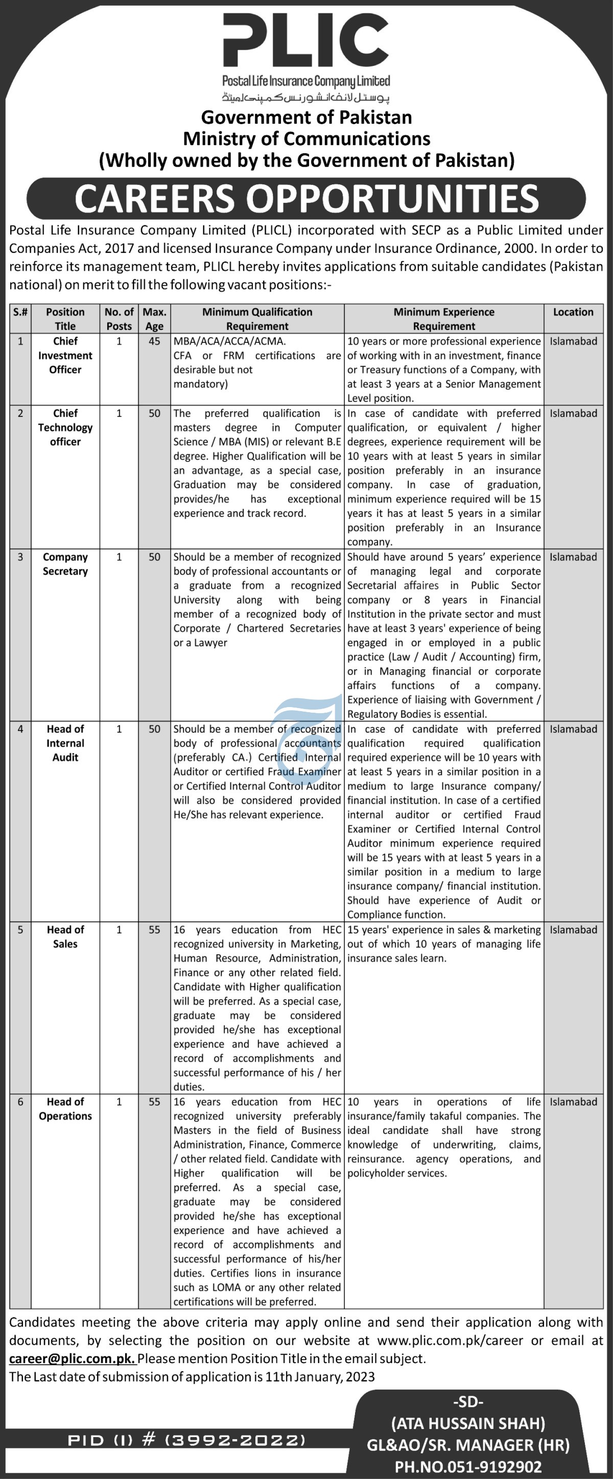 PLIC Islamabad Management Jobs 2023 2025 Job Advertisement Pakistan