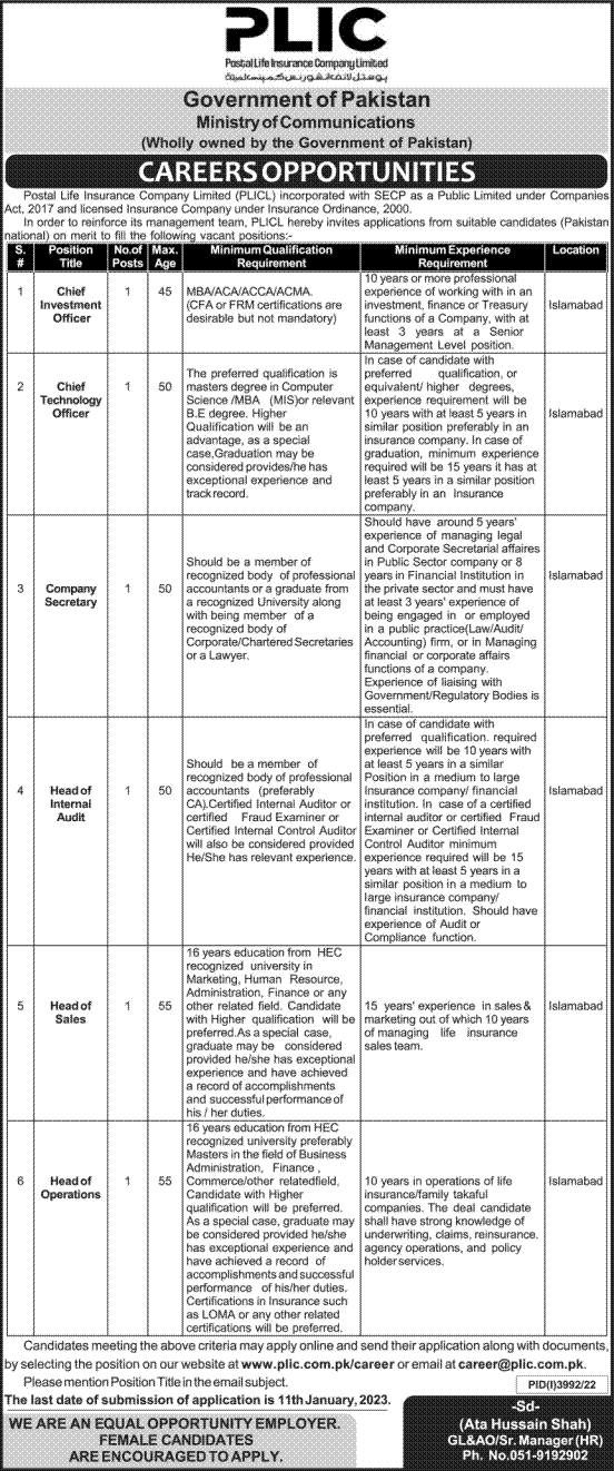PLIC Chief Investment Officer Jobs 2023 2025 Job Advertisement Pakistan