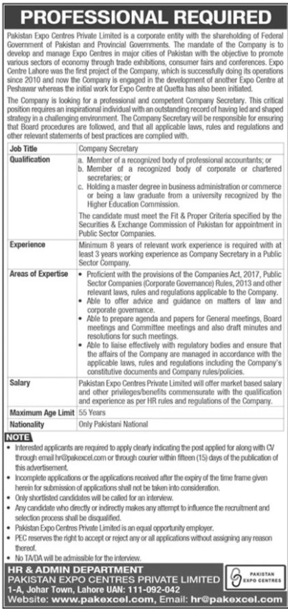 Professional required at Pakistan Expo Centres Pvt Ltd 2025 Job Advertisement Pakistan