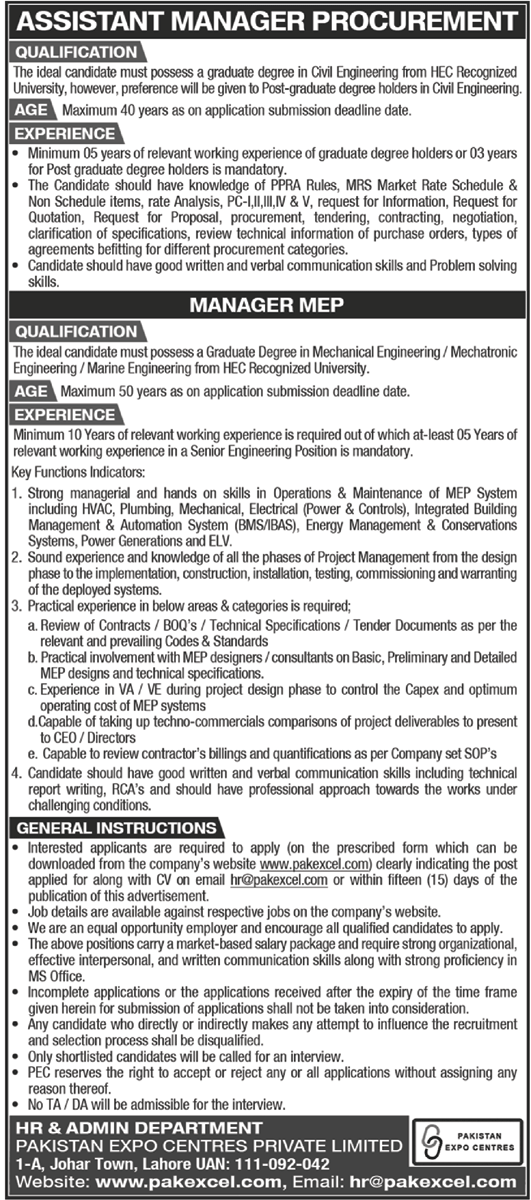 Pakistan Expo Centres Pvt Ltd Lahore Jobs 2023 2025 Job Advertisement Pakistan
