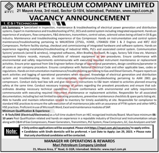 Job Announcement at Mari Petroleum Company Limited 2025 Job Advertisement Pakistan