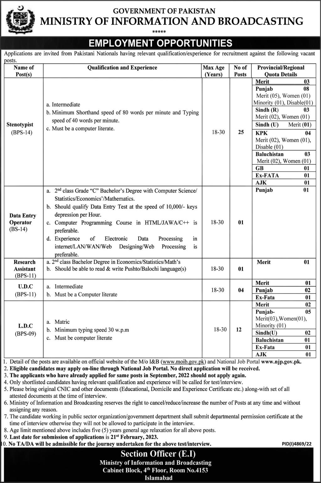 Vacant Positions at Ministry of Information and Broadcasting 2025 Job Advertisement Pakistan
