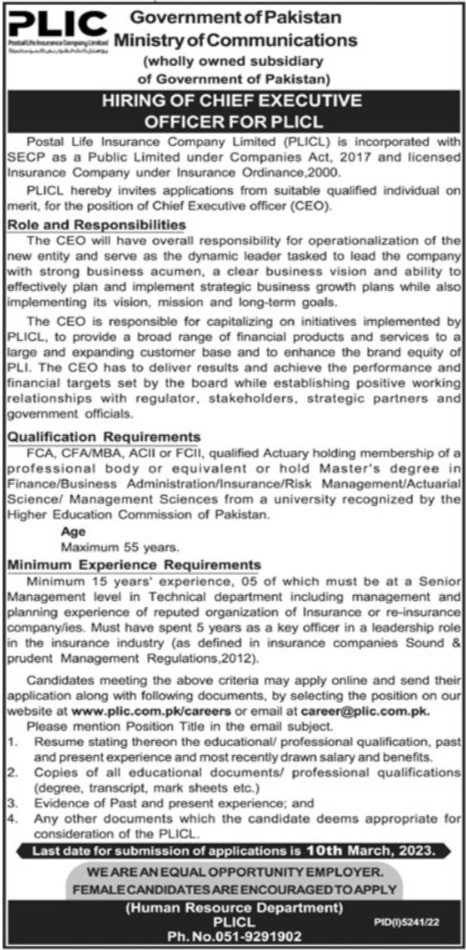 PLIC Ministry of Communications CEO Jobs 2023 2025 Job Advertisement Pakistan