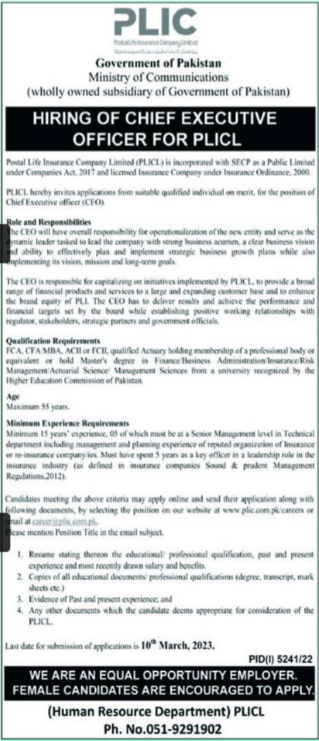Chief Executive Officer CEO Jobs in PLIC Islamabad 2025 Job Advertisement Pakistan