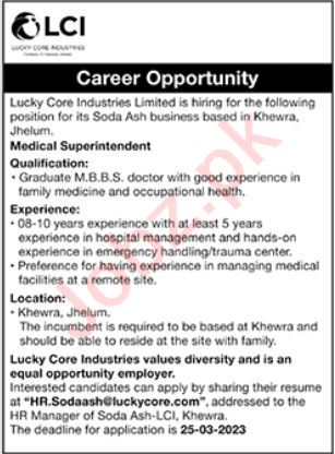 Career Opportunity at Lucky Core Industries Limited LCI 2024 Job Advertisement Pakistan