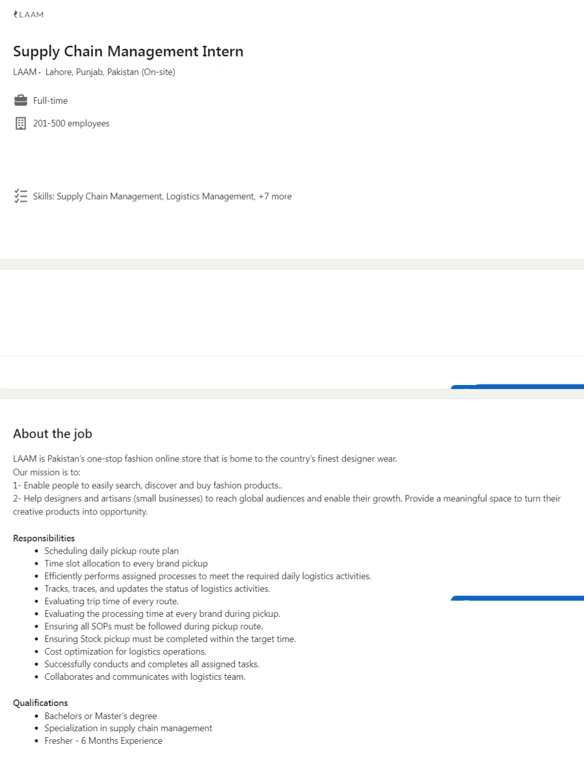 Supply Chain Management Intern at LAAM 2025 Job Advertisement Pakistan