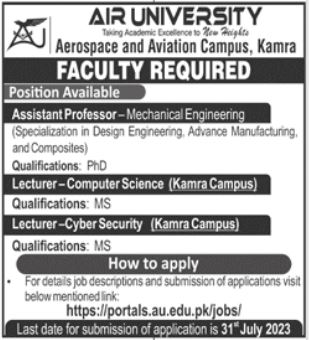 Faculty Staff Jobs in Air University Kamra 2025 Job Advertisement Pakistan