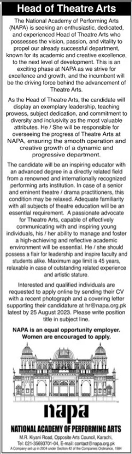 National Academy of Performing Art NAPA Jobs 2023 2025 Job Advertisement Pakistan