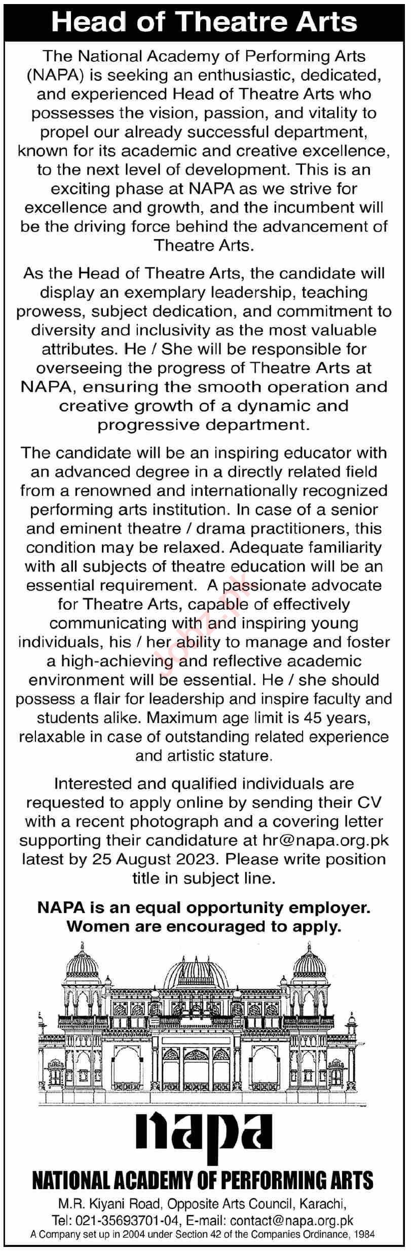 National Academy of Performing Arts NAPA Karachi Job 2023 2025 Job Advertisement Pakistan