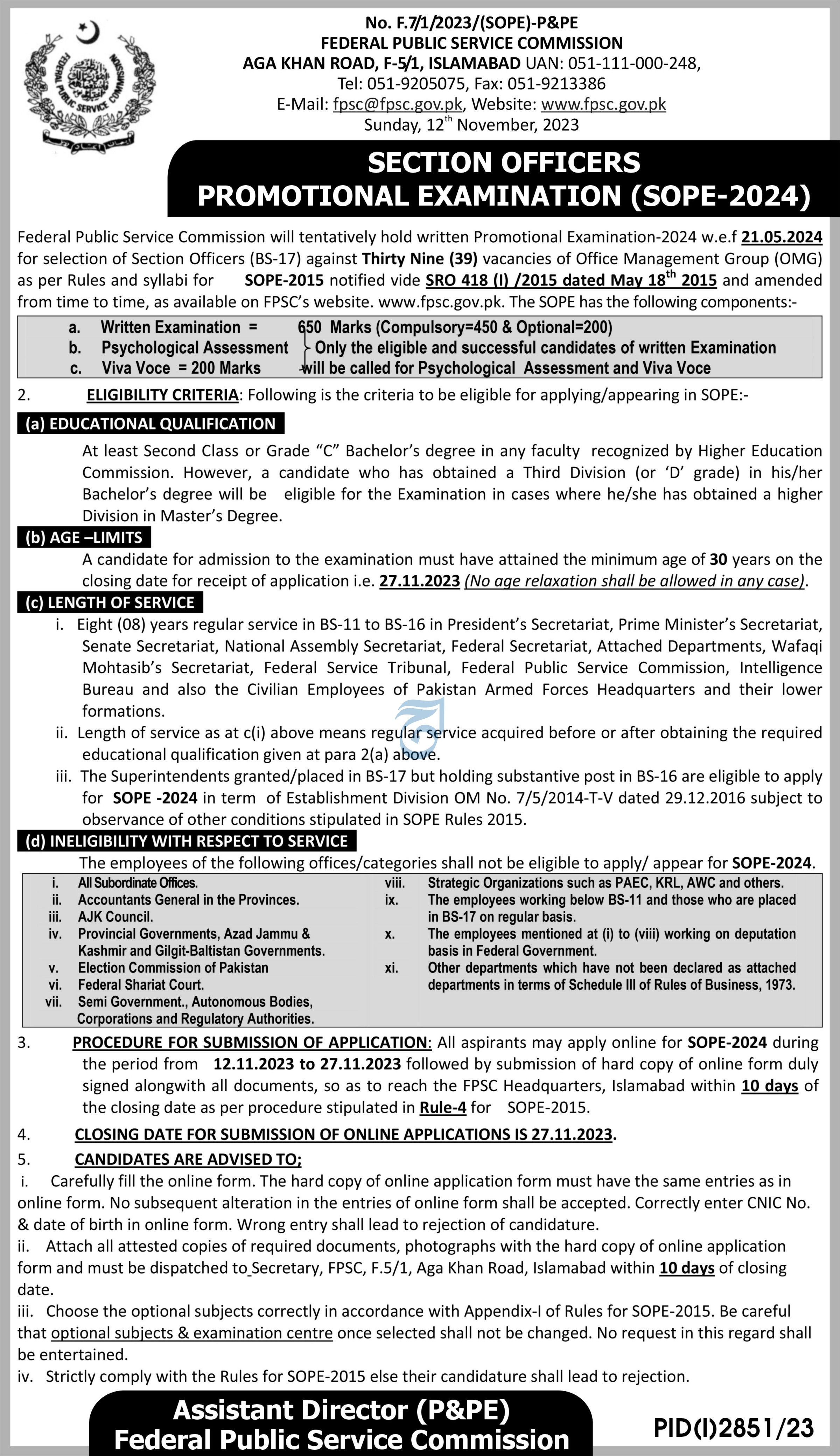 FPSC Section Officer Promotional Exam 2023 2025 Job Advertisement Pakistan