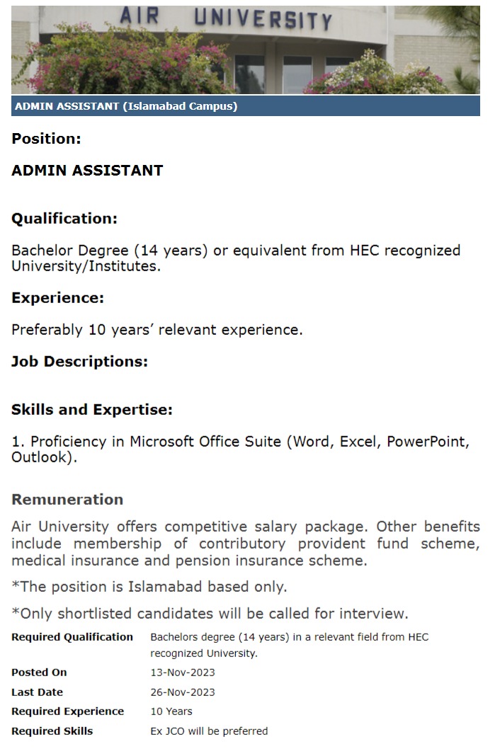 Air University Islamabad Campus Admin Assistant Jobs 2023 2025 Job ...