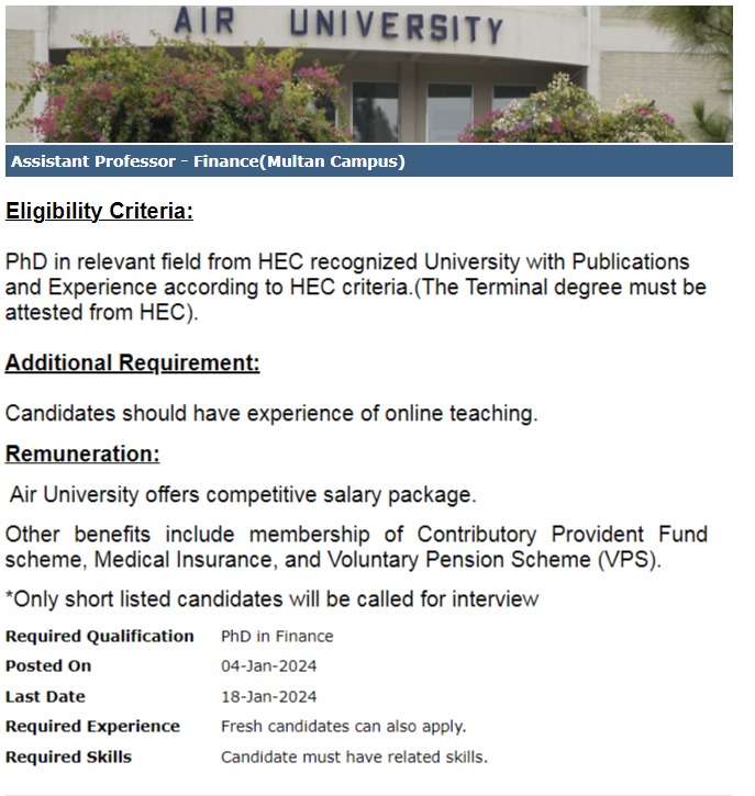 Assistant Professor Jobs in Air University Multan Campus 2025 Job ...