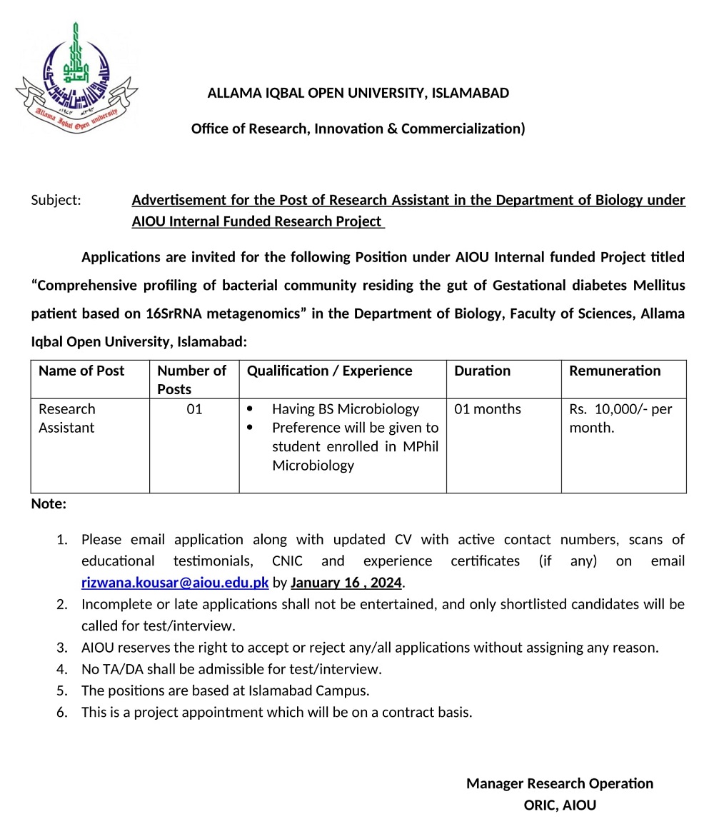 Allama Iqbal Open University AIOU Jobs 2024 2025 Job Advertisement Pakistan