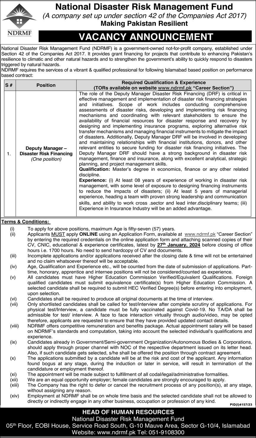 National Disaster Risk Management Fund NDRMF Islamabad Job 2025 Job Advertisement Pakistan