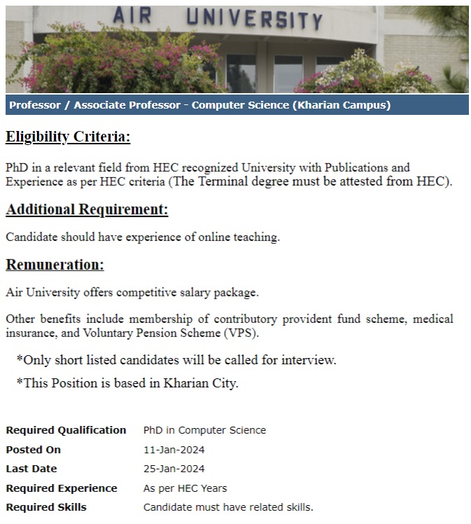 Jobs Available at Air University Kharian 2025 Job Advertisement Pakistan