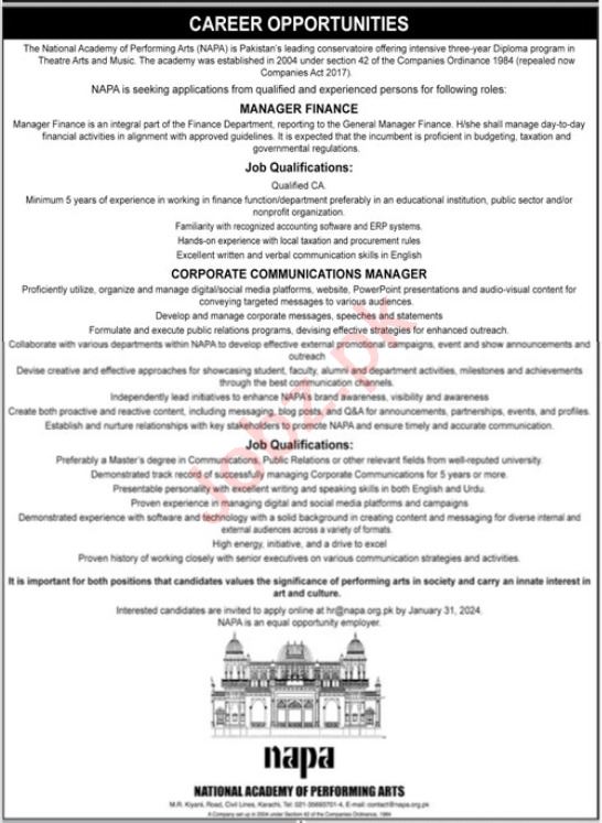 The National Academy of Performing Arts NAPA Jobs 2024 2025 Job Advertisement Pakistan