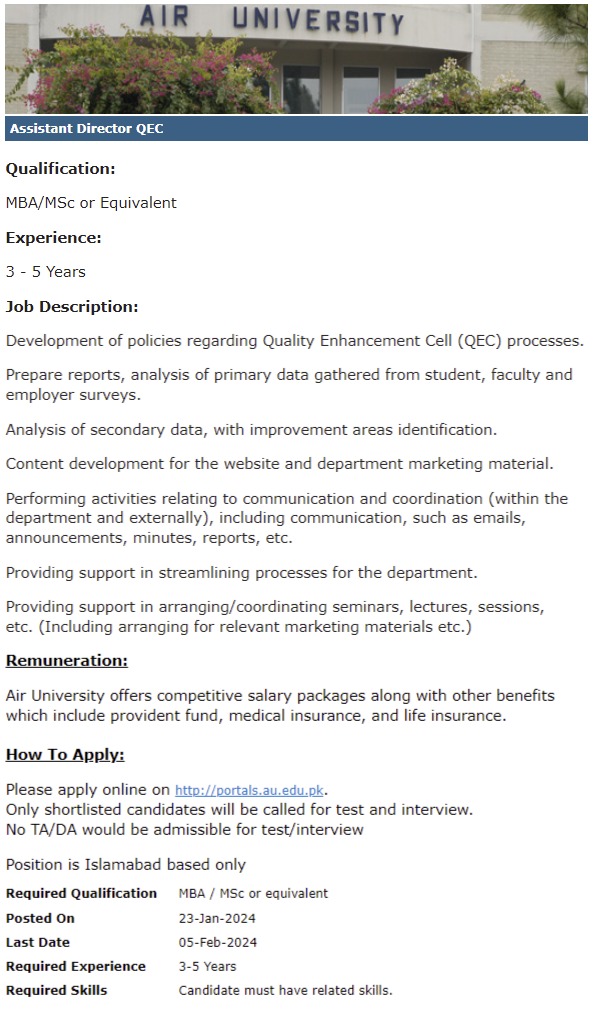 Assistant Director QEC Jobs in Air University AU Islamabad 2025 Job ...