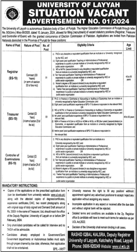 Jobs Advertisement at University of Layyah 2025 Job Advertisement Pakistan