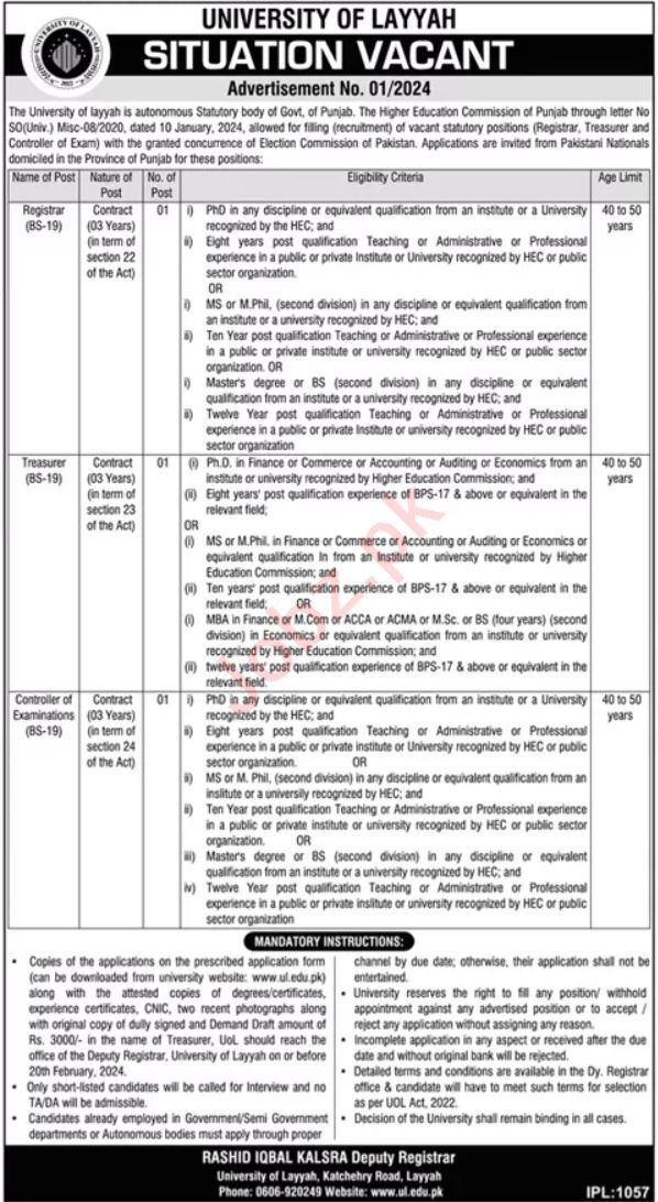 Job Vacancies at University of Layyah 2025 Job Advertisement Pakistan