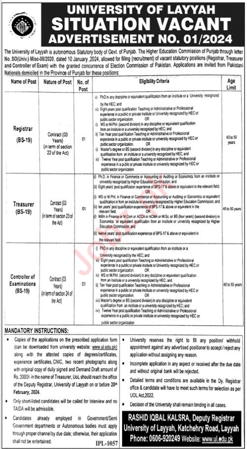 The University of Layyah Management Jobs 2024 2025 Job Advertisement Pakistan
