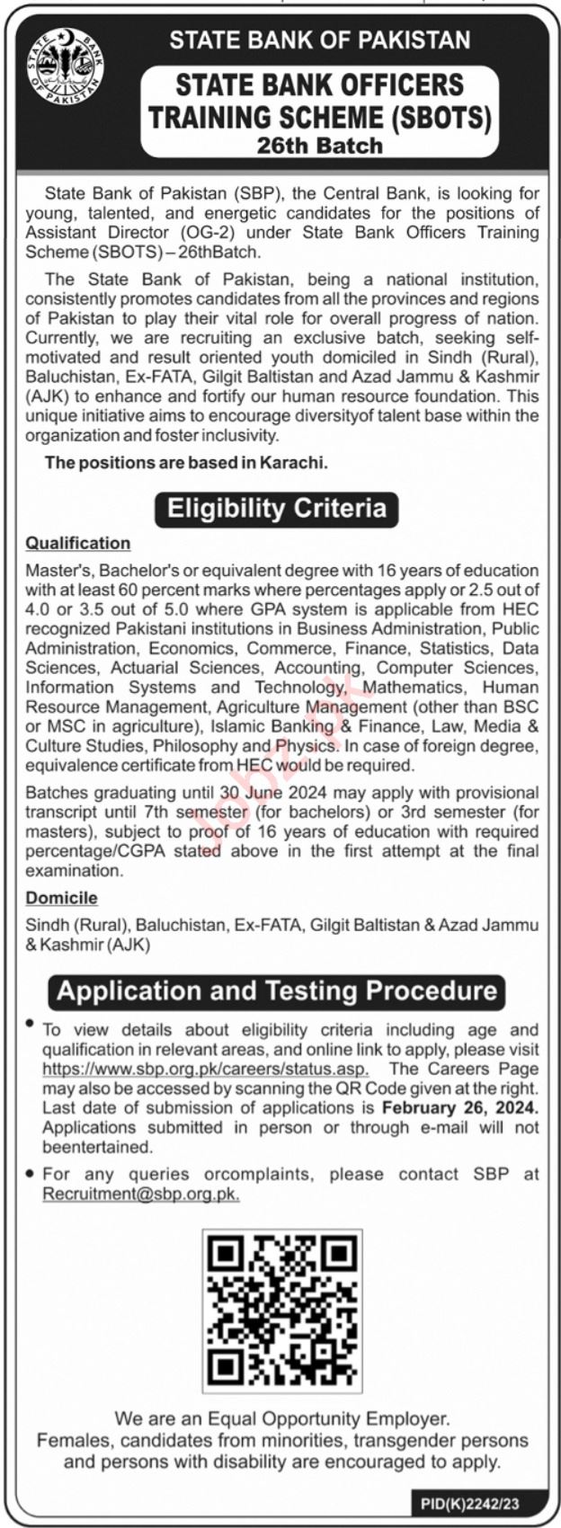 Officer Training Program at State Bank of Pakistan SBP 2025 Job Advertisement Pakistan