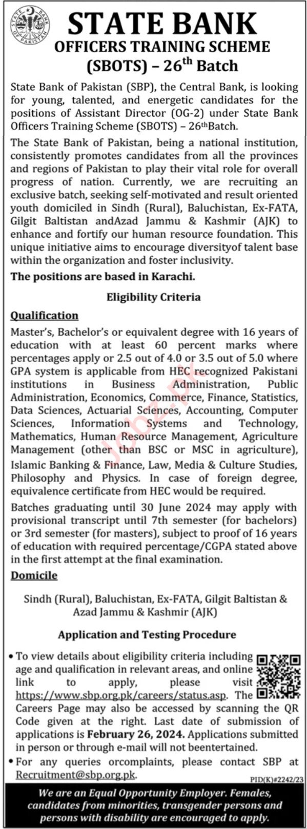 State Bank of Pakistan SBP Officers Training Scheme 2024 2025 Job Advertisement Pakistan