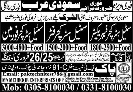 Ms Mehboob Enterprises OEP Saudi Arabia Jobs 2024 2025 Job Advertisement Pakistan