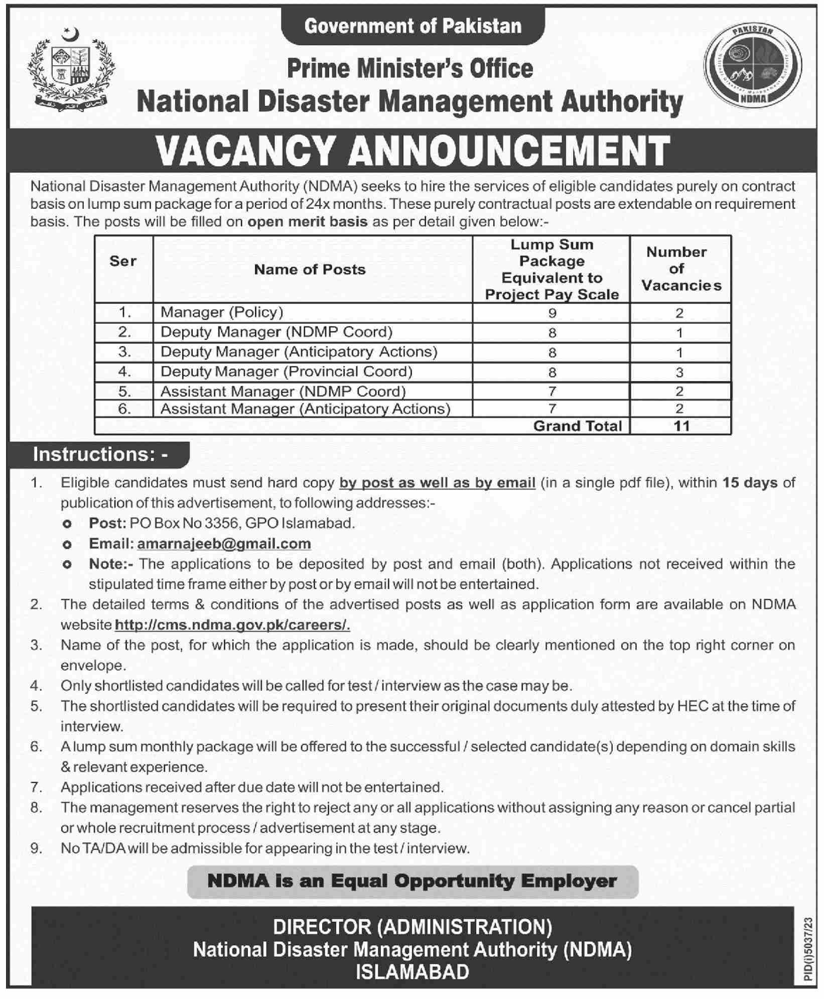 Job Positions at National Disaster Management Authority NDMA 2025 Job Advertisement Pakistan