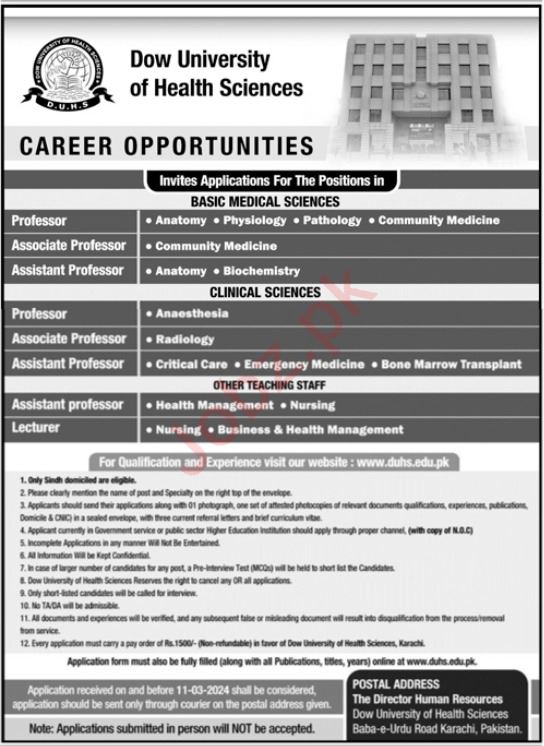 Dow University of Health Sciences DUHS Jobs 2024 2025 Job Advertisement Pakistan