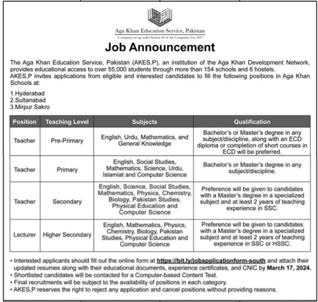 Vacancies Announcement at Aga Khan Education Service 2025 Job Advertisement Pakistan