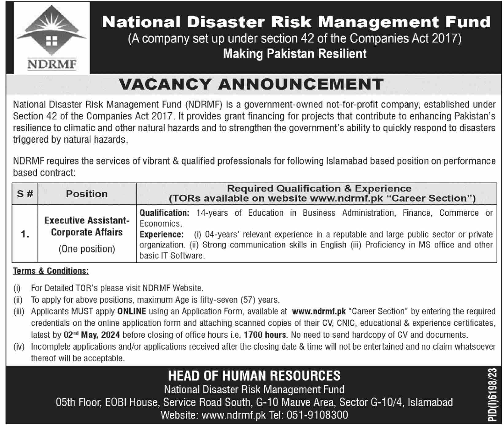 National Disaster Risk Management Fund NDRMF Job 2024 2025 Job Advertisement Pakistan