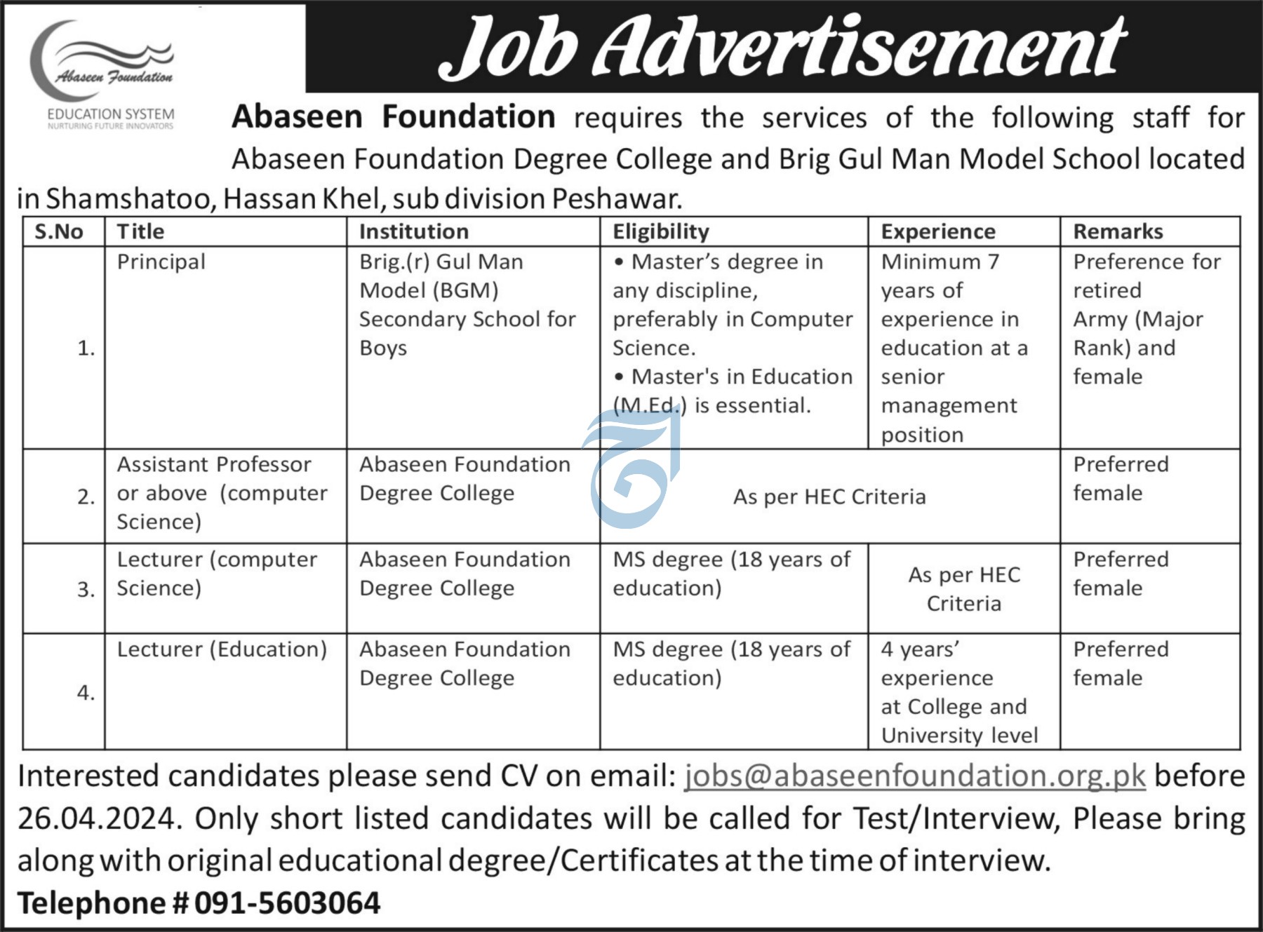 Abaseen Foundation Peshawar Jobs 2024 2025 Job Advertisement Pakistan