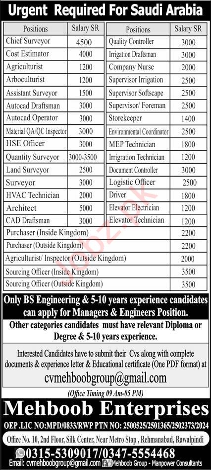 Mehboob Enterprises OEP Saudi Arabia Jobs 2024 2025 Job Advertisement Pakistan