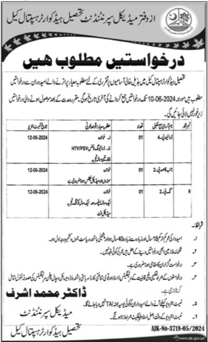 Vacant Positions at Tehsil Headquarter Hospital THQ 2025 Job Advertisement Pakistan