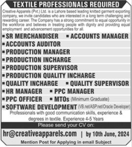 Creative Apparels Pvt Ltd Lahore Jobs 2024 2025 Job Advertisement Pakistan