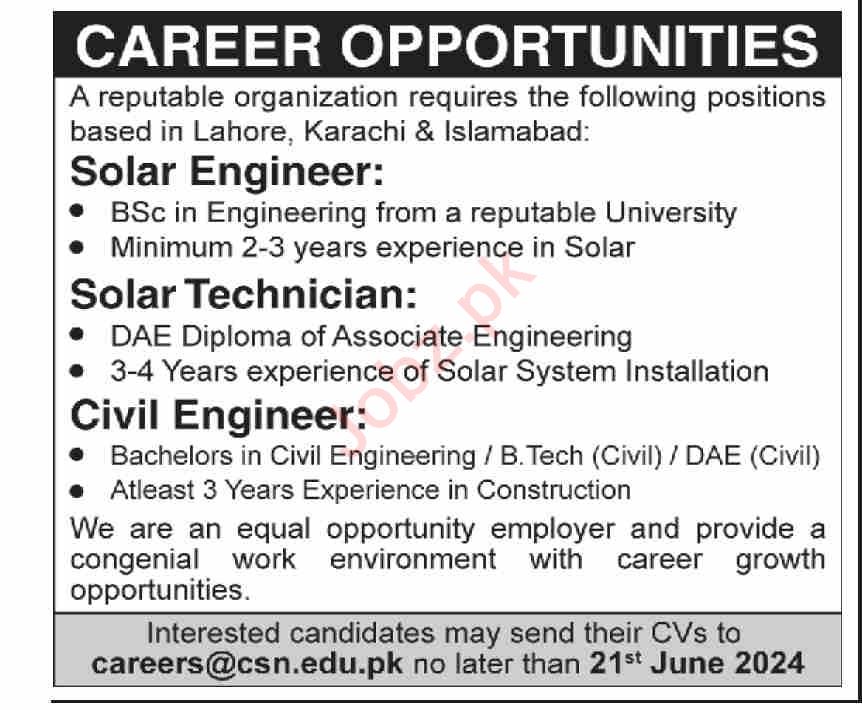 Solar Engineer and Civil Engineer Jobs 2024 2025 Job Advertisement Pakistan
