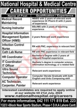 National Hospital & Medical Center Lahore Jobs 2024 2025 Job Advertisement Pakistan